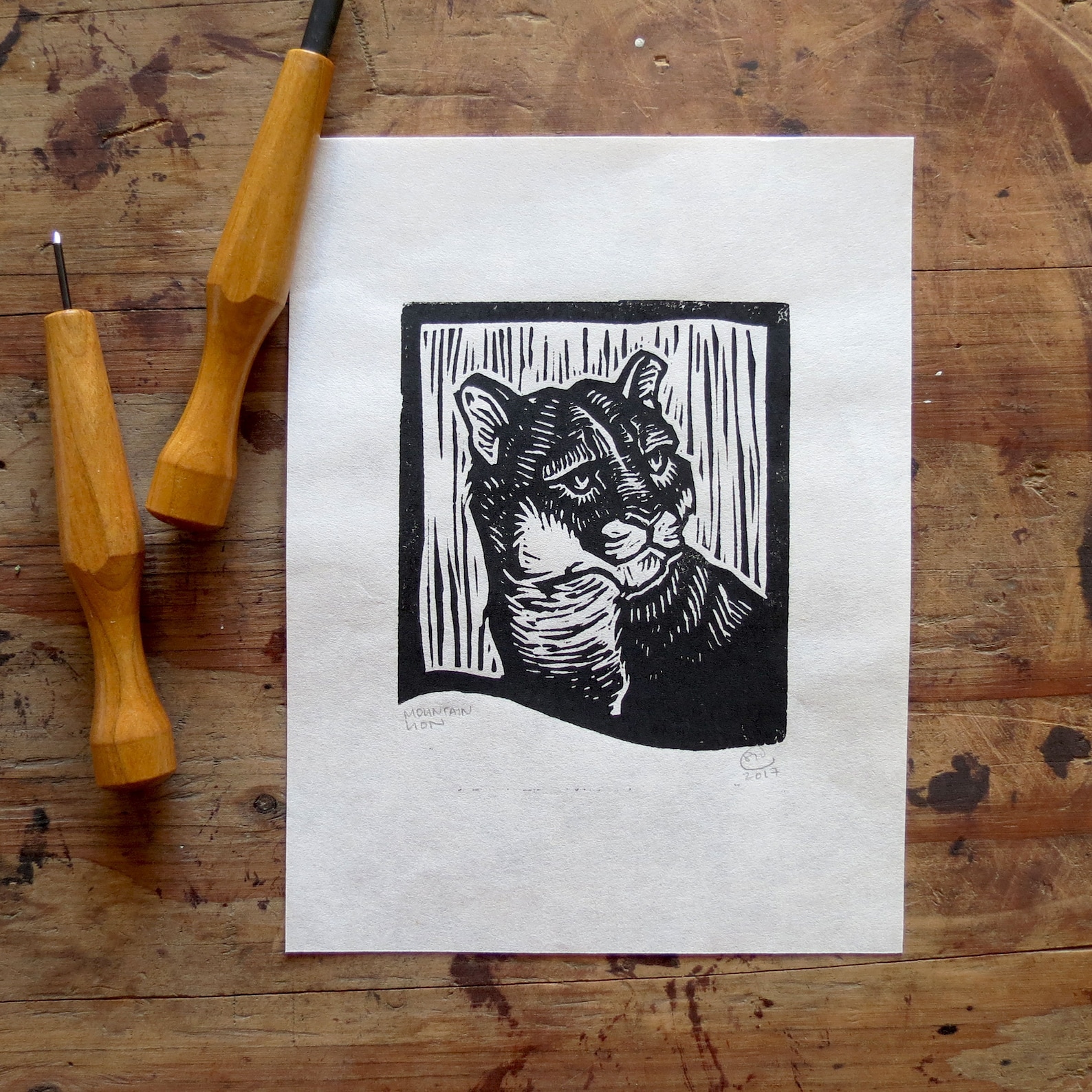 Mountain Lion Linocut, Original, Hand Printed, Mini Art, Nature Lover ...