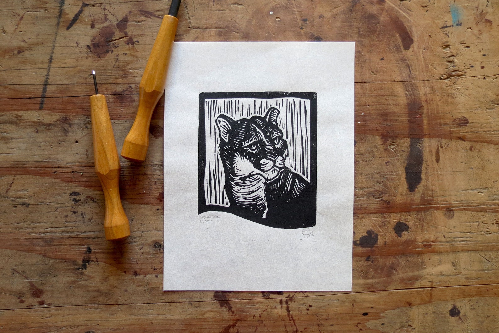 Mountain Lion Linocut, Original, Hand Printed, Mini Art, Nature Lover ...