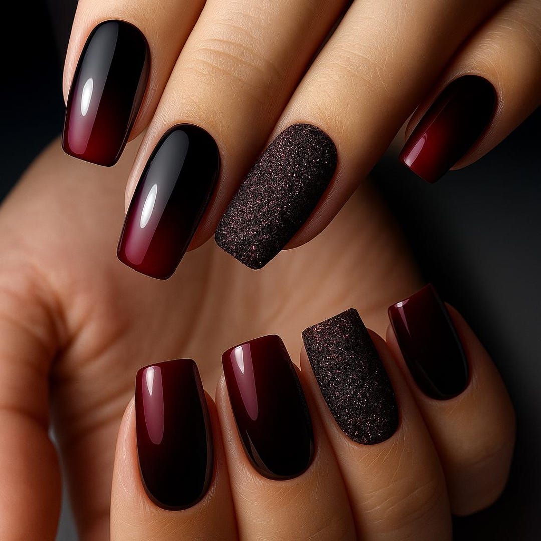Mulled Wine Red Ombré and Velvet Texture Press-on Nails | Matte ...