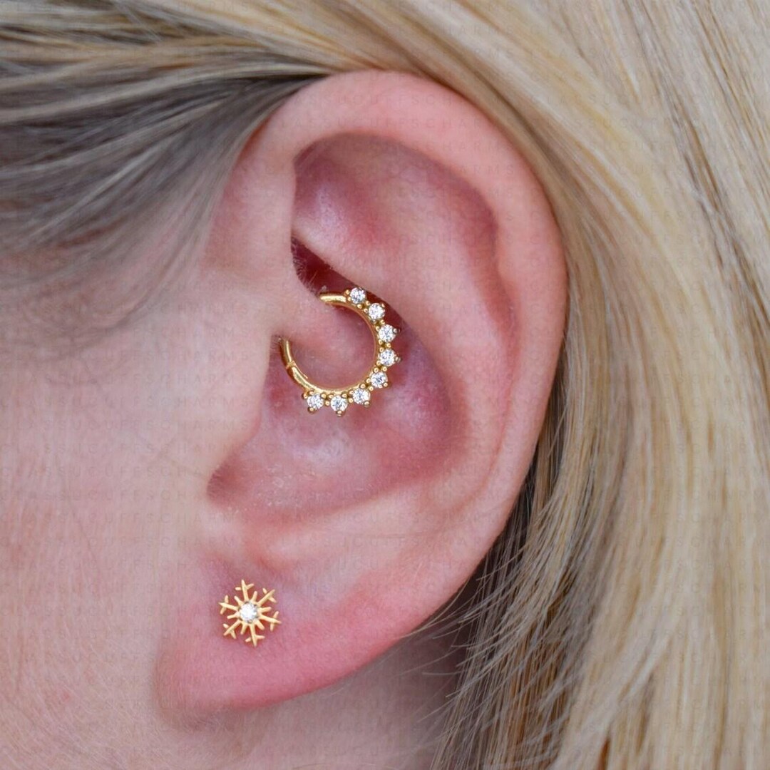 14K Gold Cluster Piercing CZ Cartilage Earring• Helix, Tragus, Conch ...