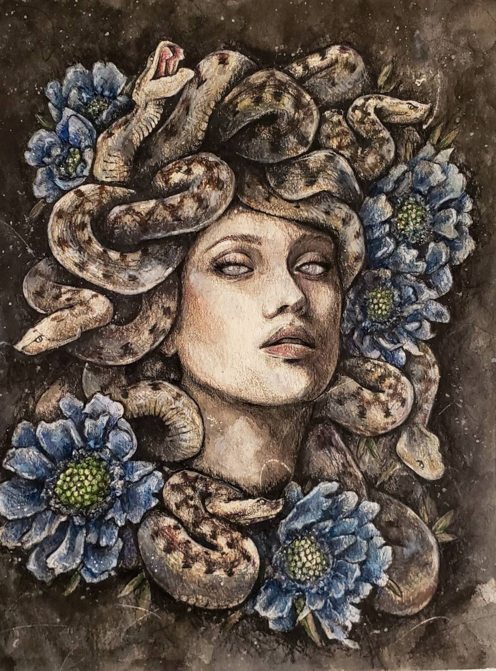 Medusa & Blue Flowers Art PRINT Original Watercolor Gorgon - Etsy
