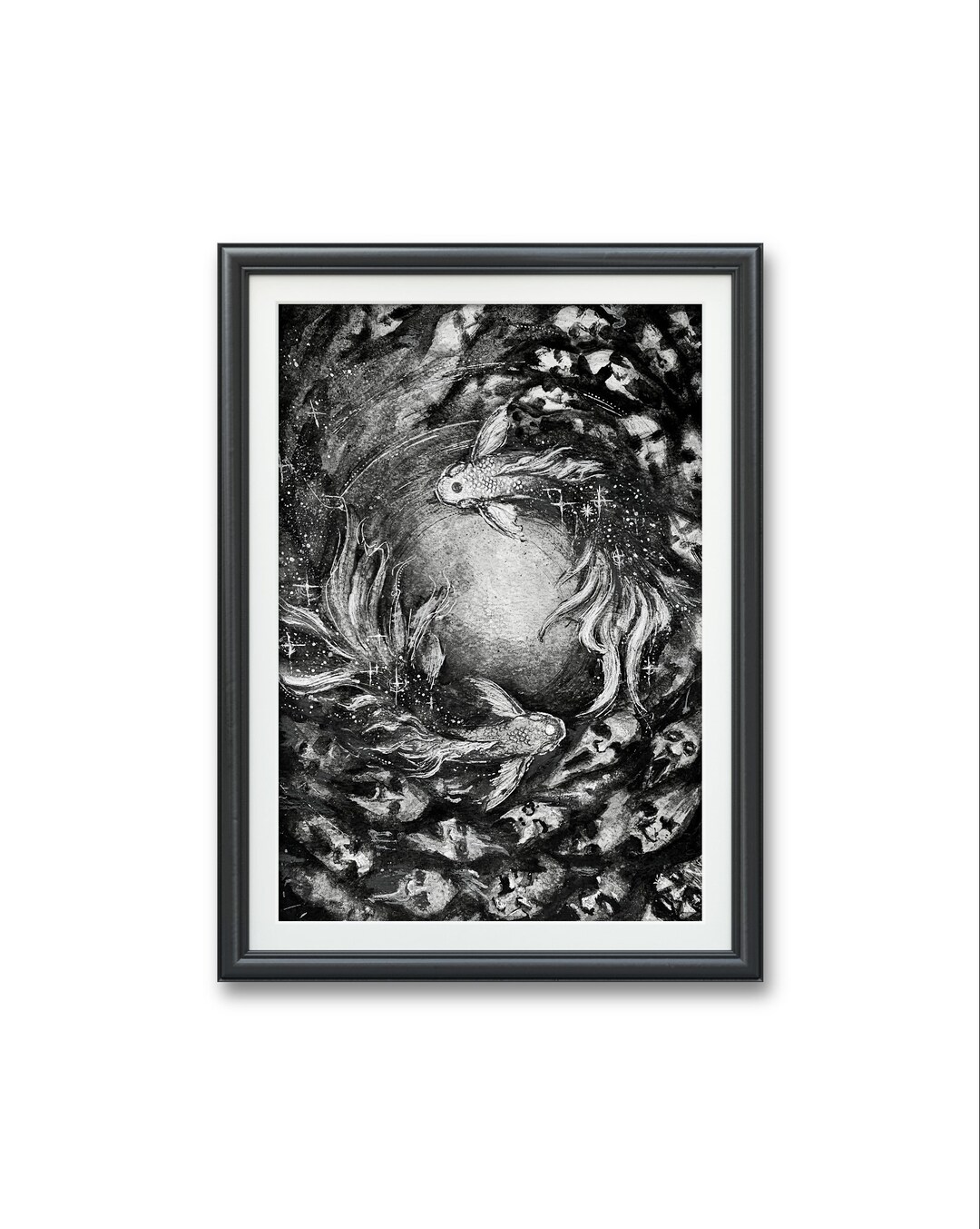 Pisces- Original Pen and Ink Illustration PRINT Gold Fish Yin Yang ...