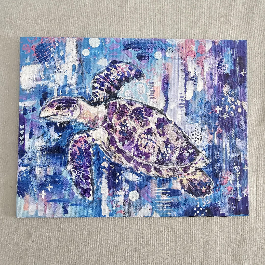 Whimsical Sea Turtle Art PRINT Acrylic, Blue Purple Tones, Marine ...