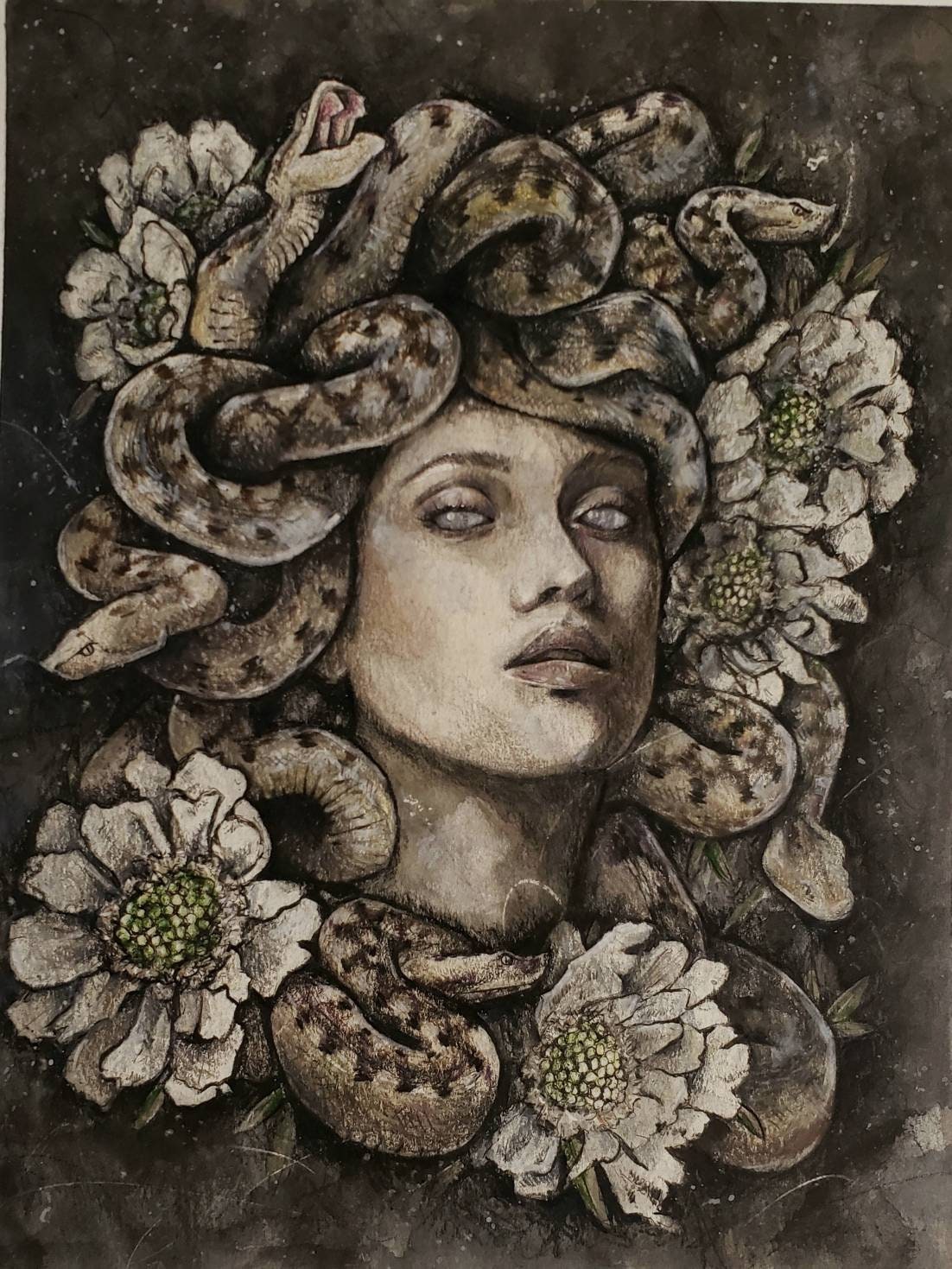 Medusa With White Flowers Art PRINT Original Watercolor - Etsy