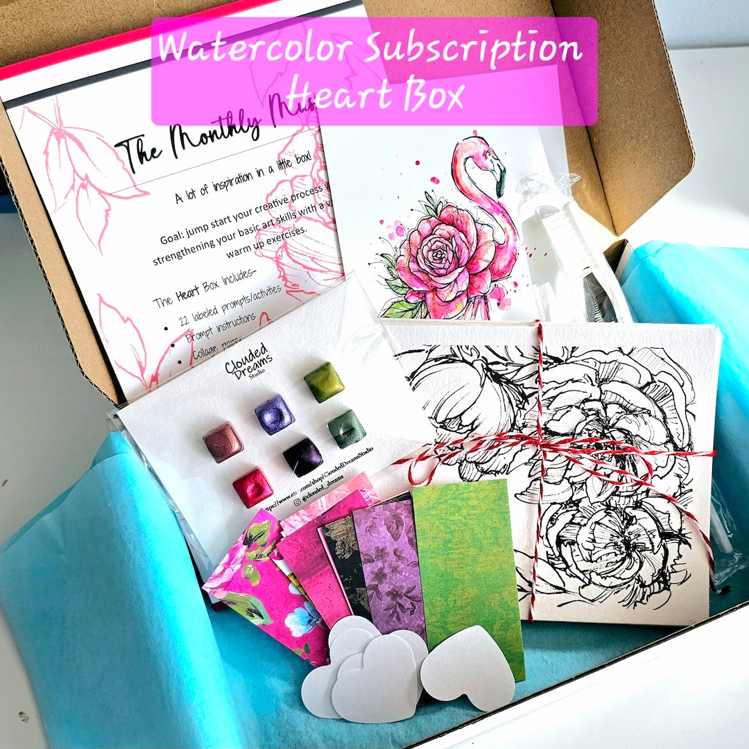 Watercolor Art Box Heart Inspiration Subscription Box, Monthly 22 Art ...