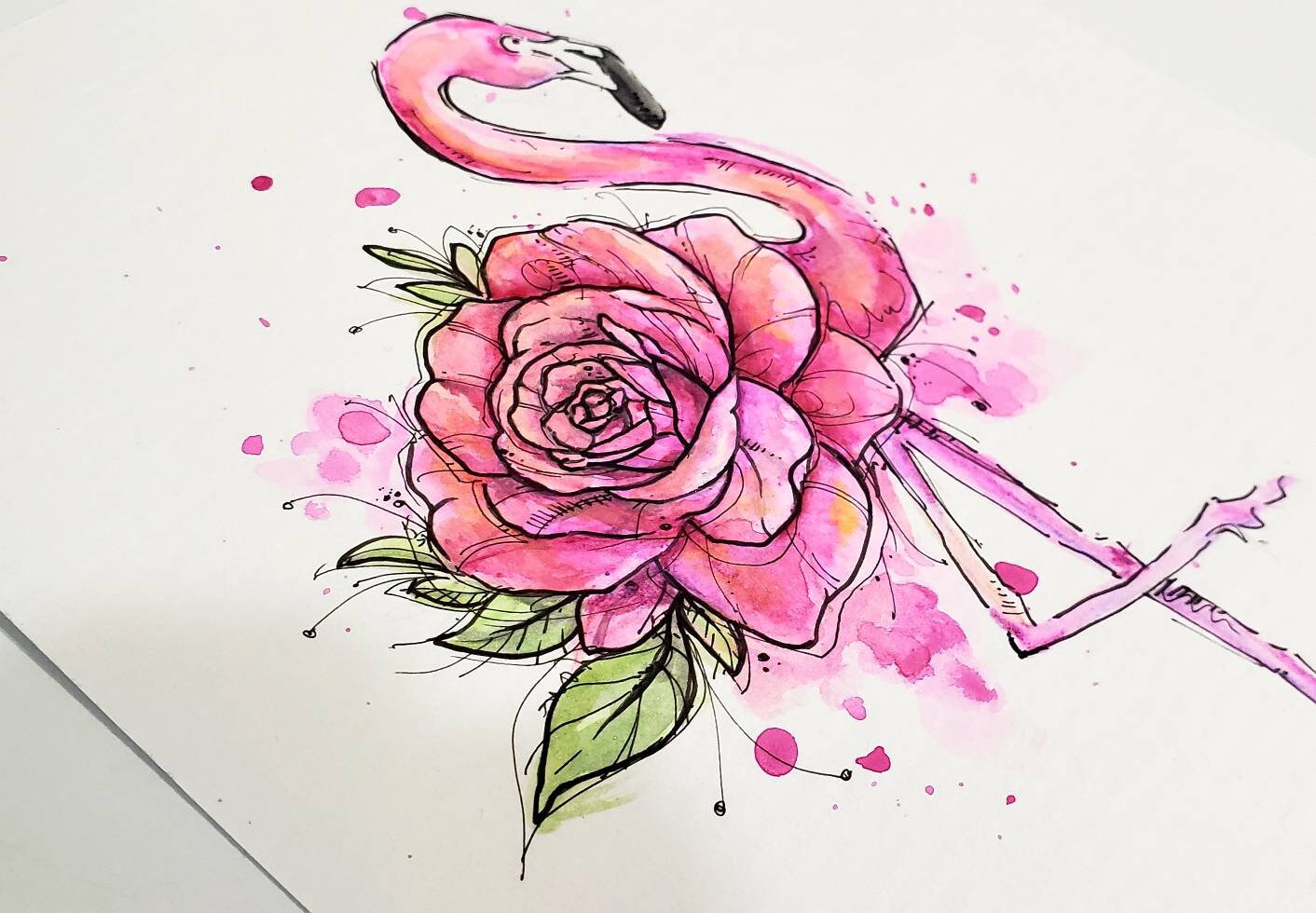 Pink Flamingo Rose Art PRINT Original Watercolor | Etsy