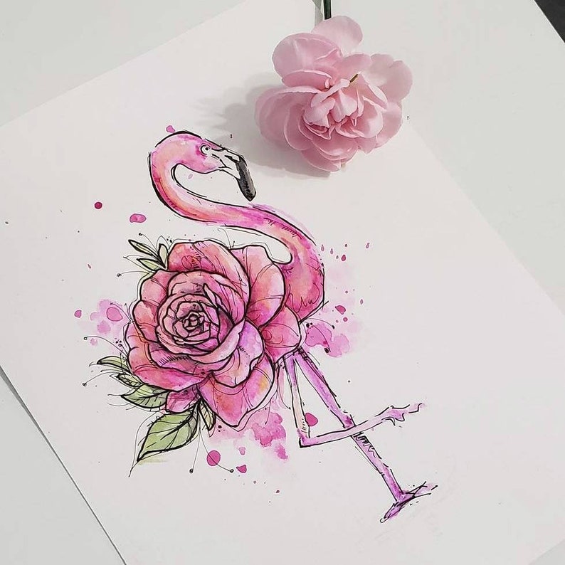 Pink Flamingo Rose Art PRINT Original Watercolor - Etsy