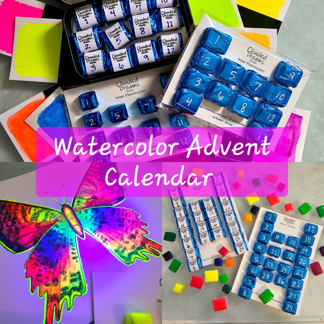 Advent Calendar Neon Lights Fluorescent Handmade Watercolor Watercolour ...