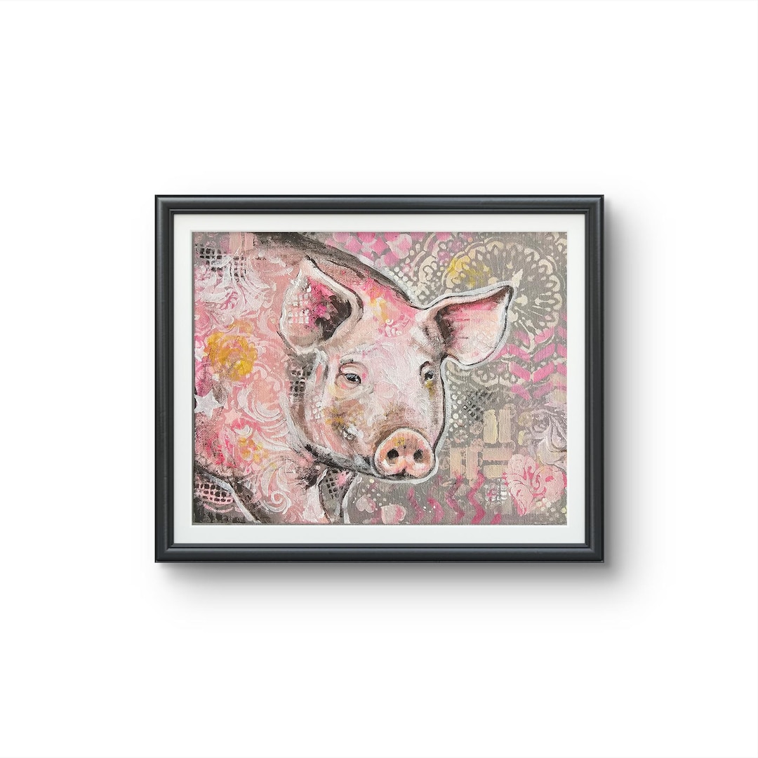 Pink Pig Painting Art PRINT, Acrylic Hog Painting Abstract Lace Gray ...