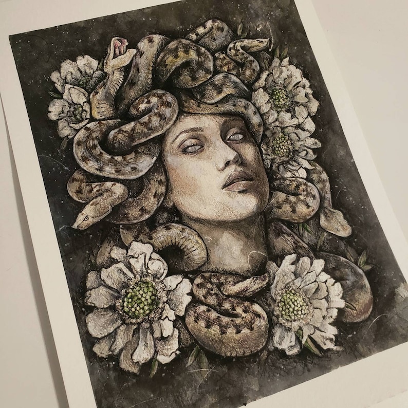 Medusa With White Flowers Art PRINT Original Watercolor - Etsy