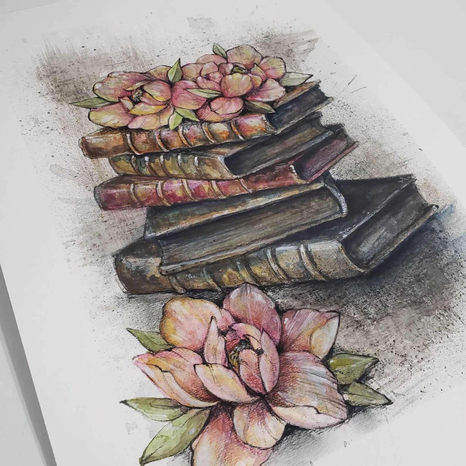 Bibliophile Art PRINT Stack of Books Peonies Original | Etsy