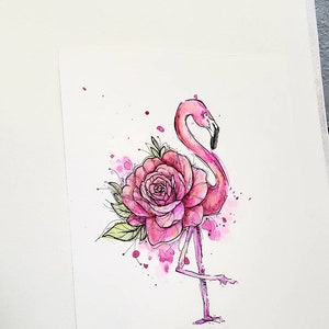 Pink Flamingo Rose Art PRINT Original Watercolor - Etsy