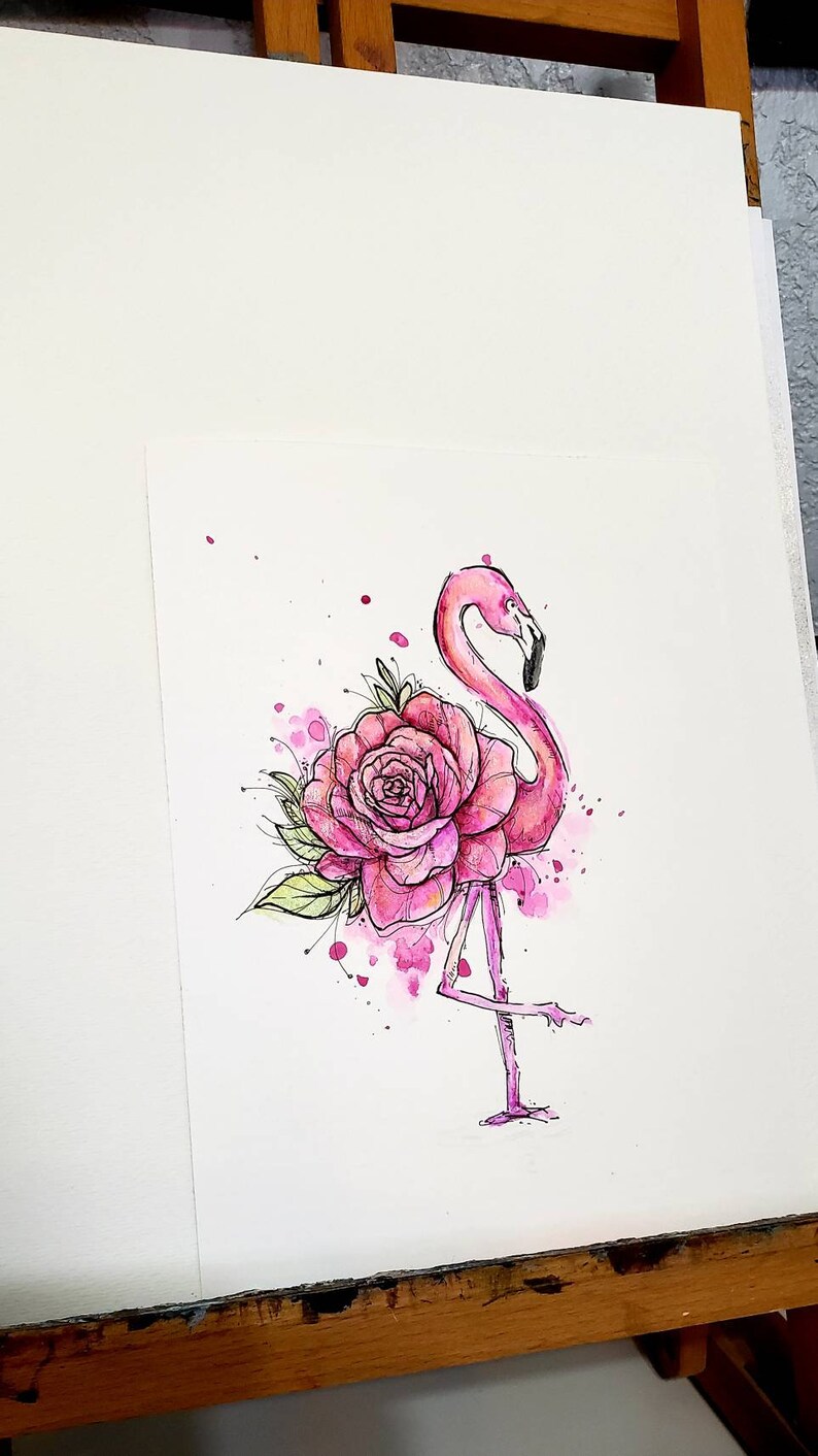 Pink Flamingo Rose Art PRINT Original Watercolor - Etsy