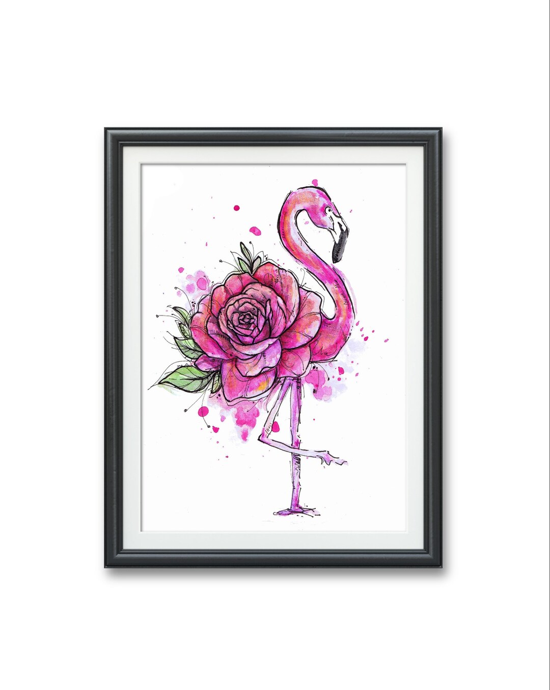 Pink Flamingo Rose- Art PRINT, Original Watercolor Illustration ...