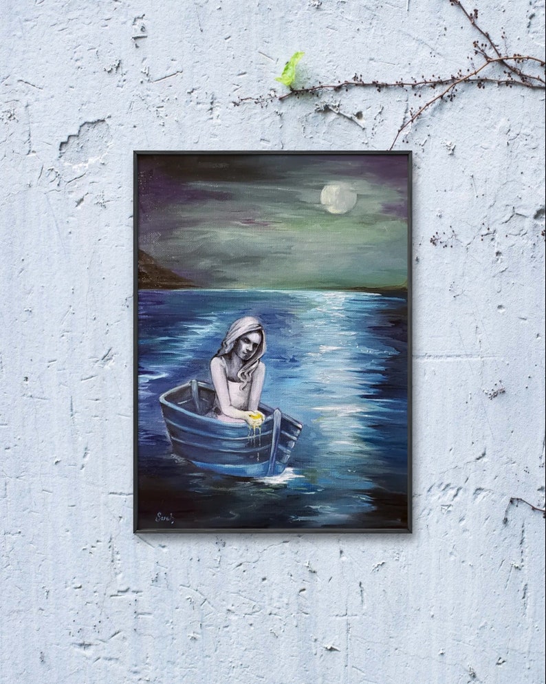 Soul Searching, Art PRINT, Oil on Canvas Painting Little Boat on the ...