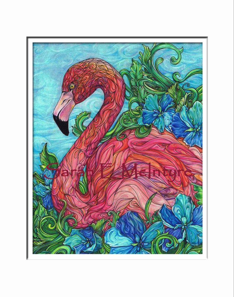 Tropical Pink Flamingo in Flowers Art PRINT Drawing - Etsy