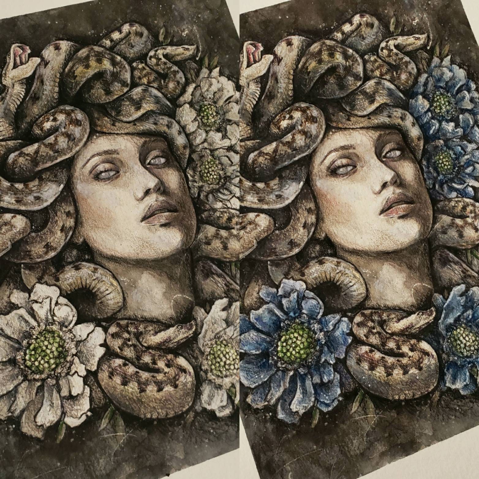 Medusa & Blue Flowers Art PRINT Original Watercolor Gorgon - Etsy