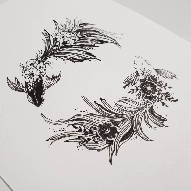 Balance- Original Pen and Ink Illustration PRINT Gold Fish Yin Yang ...