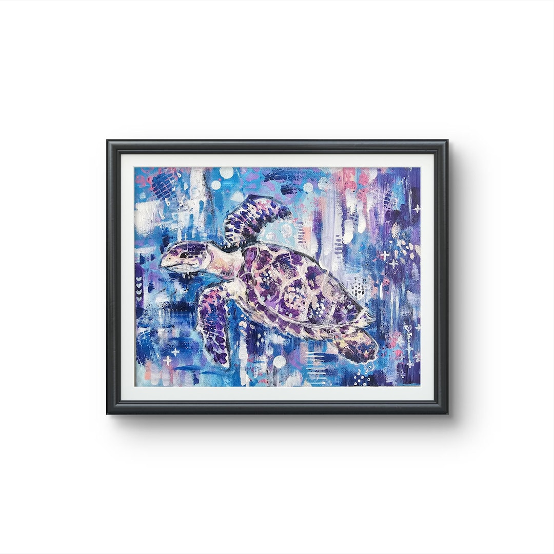 Whimsical Sea Turtle Art PRINT Acrylic, Blue Purple Tones, Marine ...