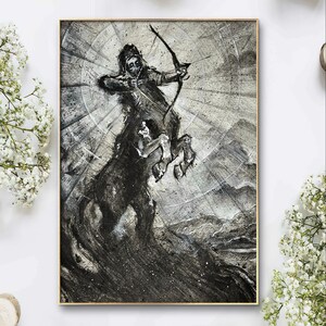 Sagittarius Archer Centaur Original Art PRINT, Watercolor Artwork Black ...
