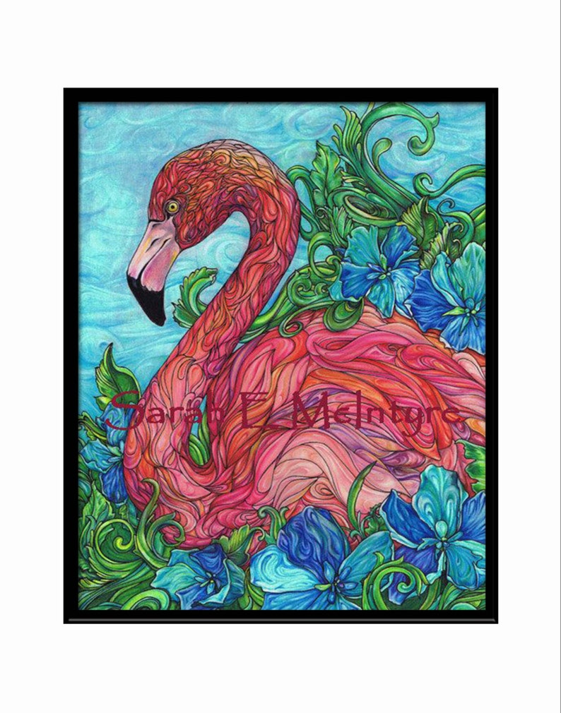 Tropical Pink Flamingo in Flowers Art PRINT Drawing | Etsy