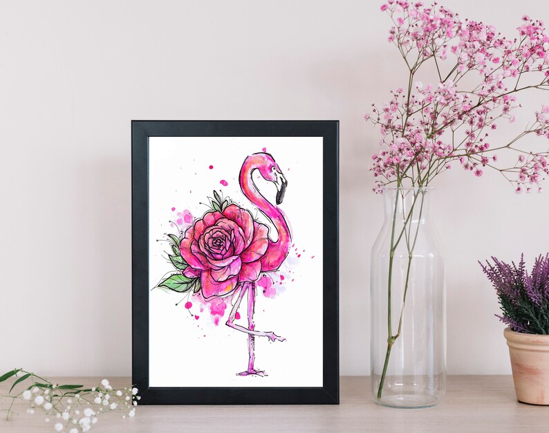 Pink Flamingo Rose Art PRINT Original Watercolor - Etsy