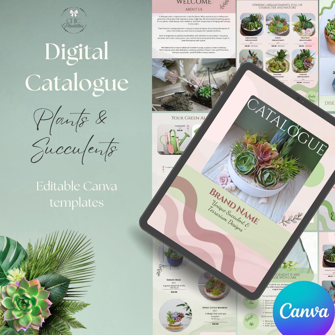 Editable Succulent Catalog Template | Canva Plant Business Branding ...