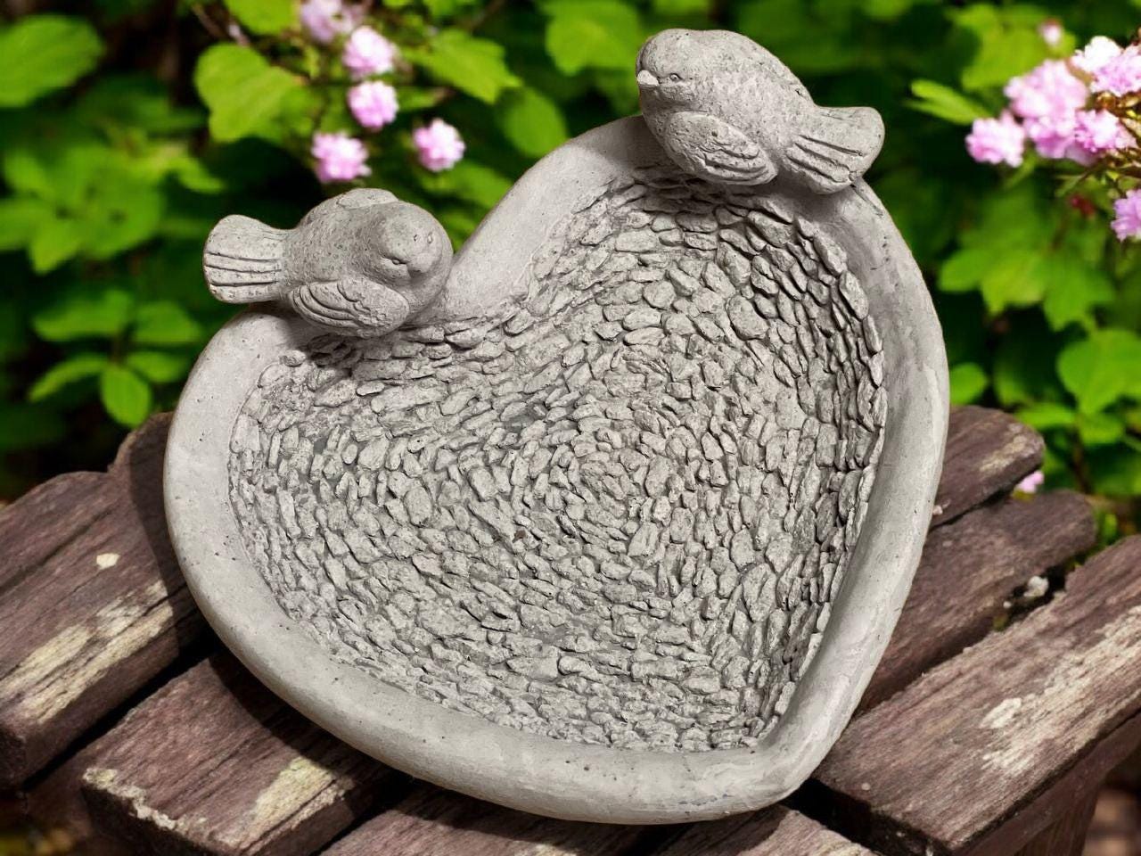 Bird Bath Sculpture - Outdoor Figurine - Garden Heart Bowl - Lawn ...