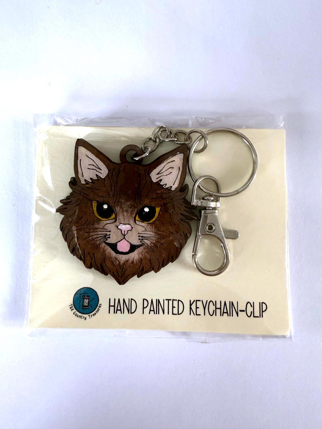 Hand Painted Wooden Cat Keychain: Dark Brown Keyring Clip - Etsy