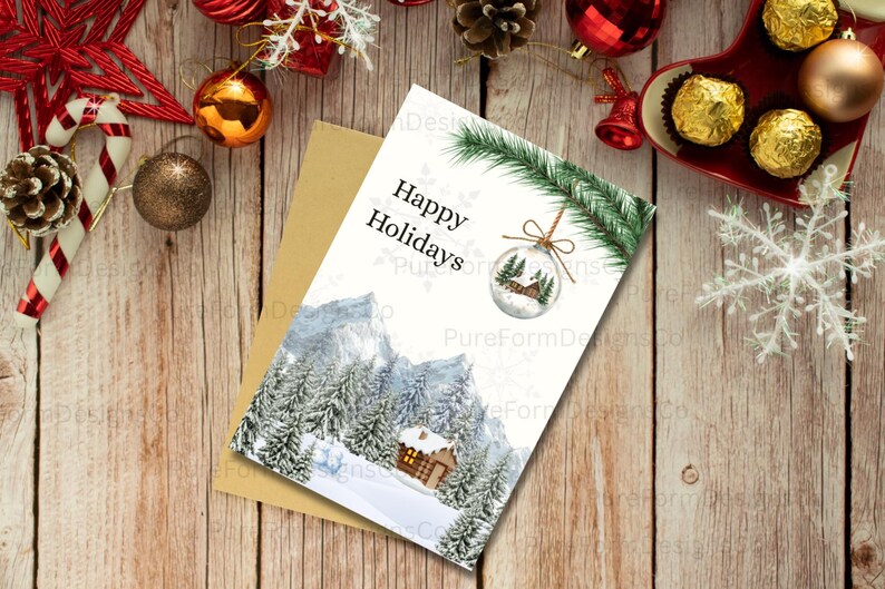 Rustic Cabin Christmas Card • Printable Holiday Card • Winter Cabin ...