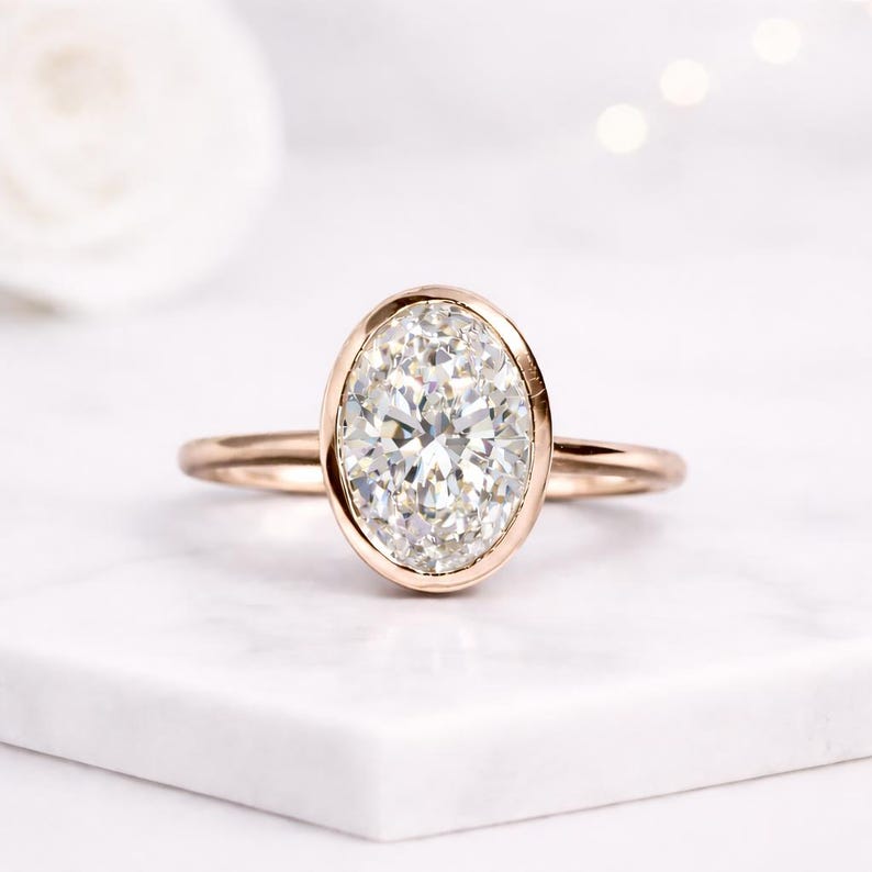 Oval Lab Grown Diamond Bezel Ring, Solid 14k Gold Engagement, Wedding ...