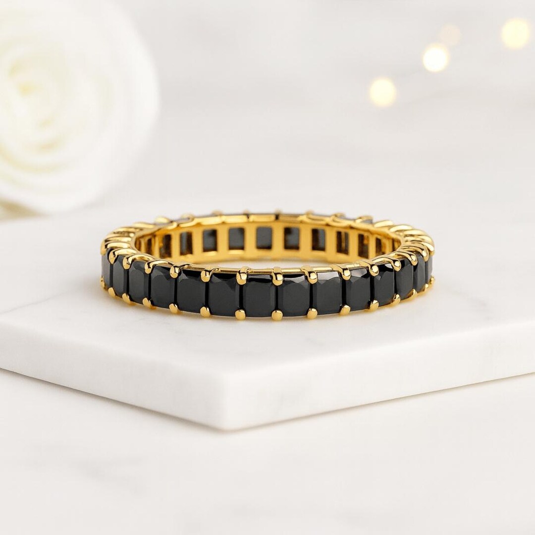 Princess Cut Black Lab Grown Diamond Eternity Ring 14k Gold Stackable ...