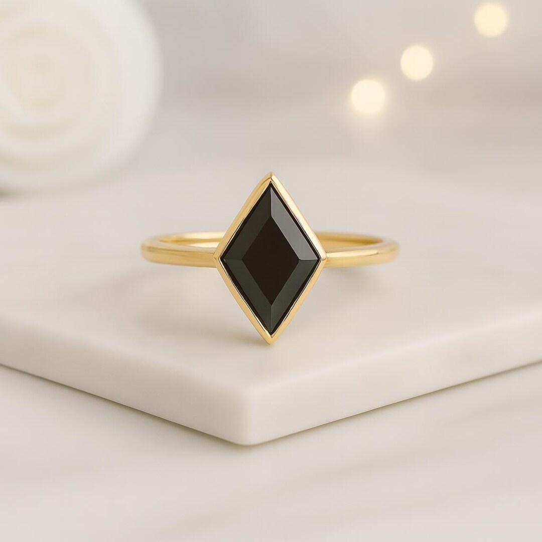 14k Gold Kite Cut Black Lab Diamond Ring, Bezel Set - Etsy
