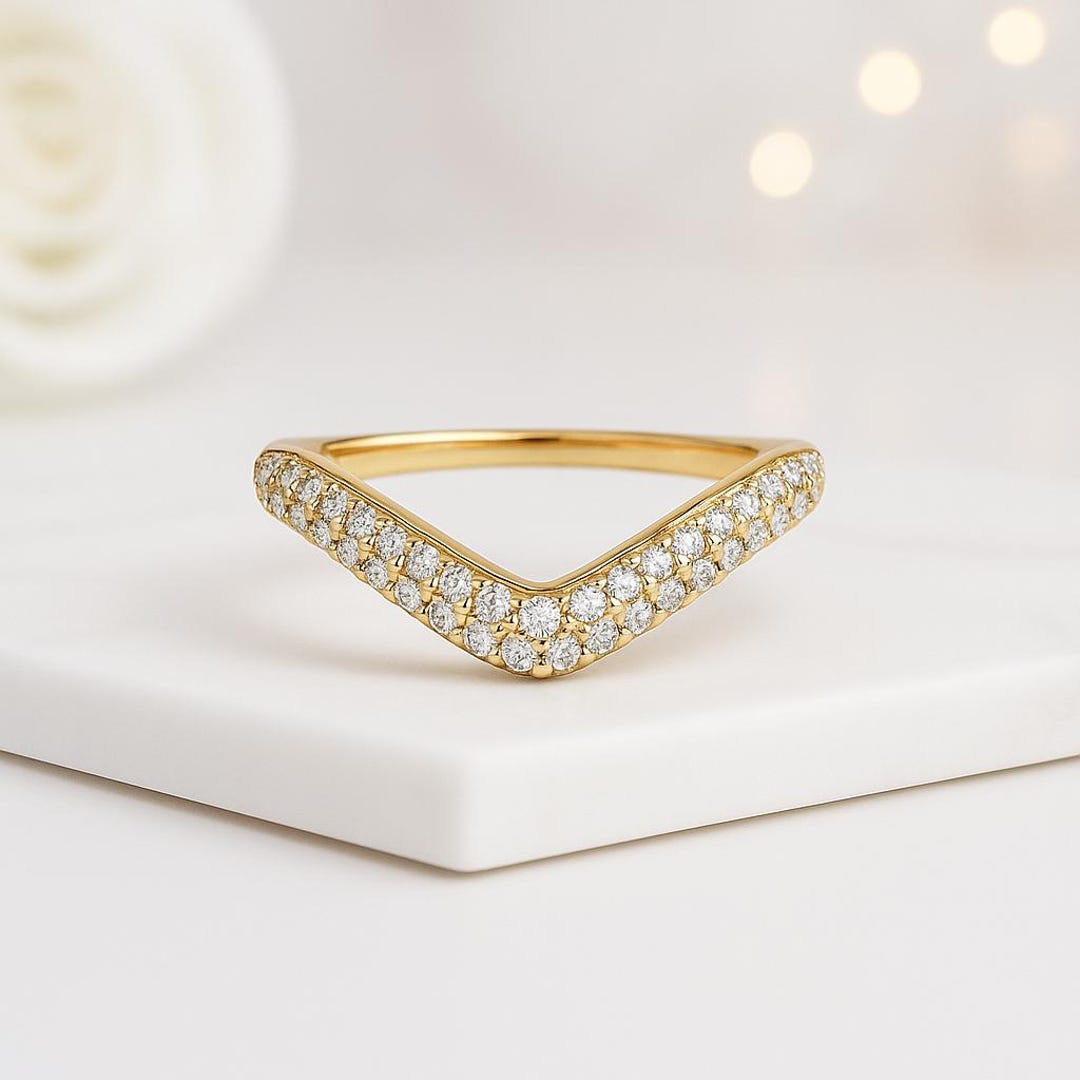 V-shape Round Lab-grown Diamond Wedding Band 14K Solid Gold Two-row ...