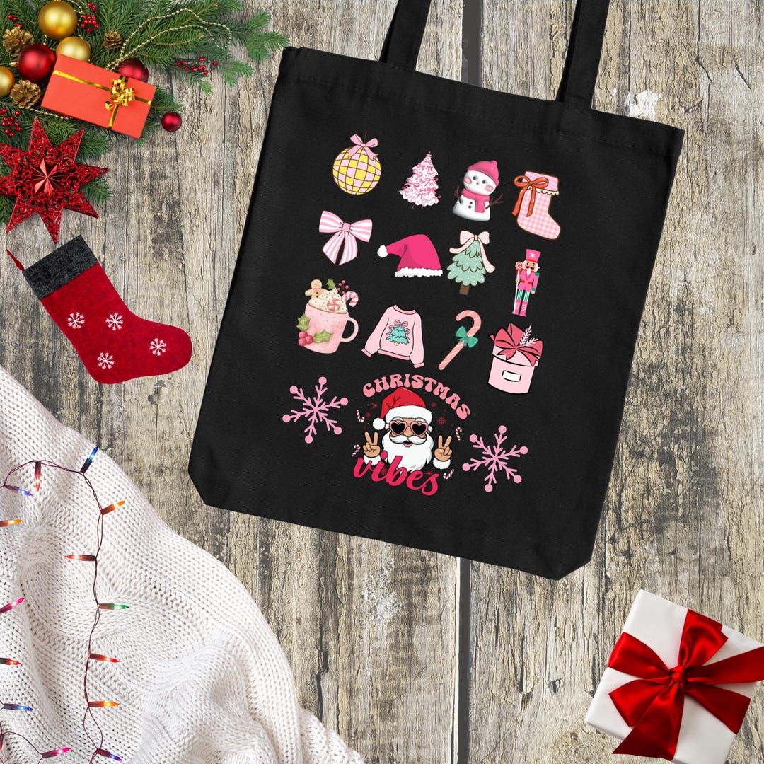 Tote Bag, Pink Christmas Santa Tote Bag, Retro Vibes, Reusable Festival ...