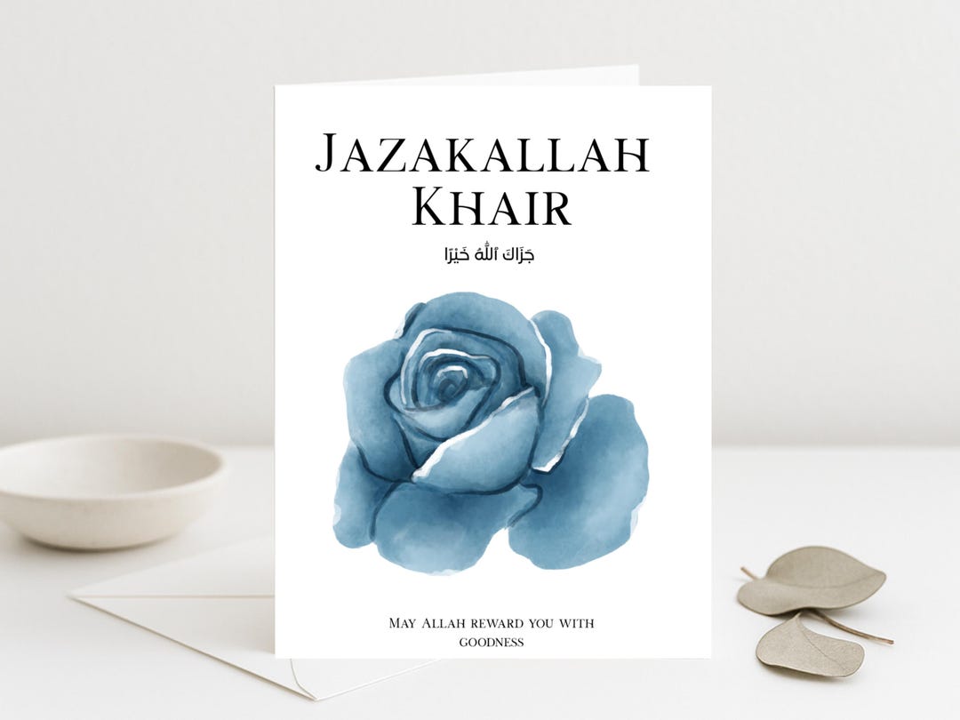 Jazakallah Khair Card, Neutral Arabic Design, Blue Flower Design ...