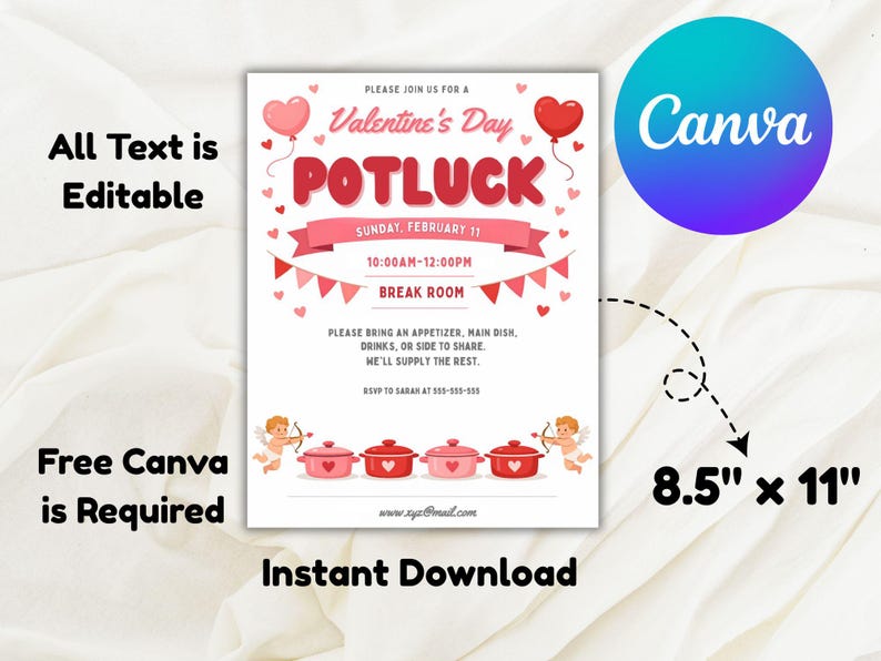 Valentines Potluck Flyer Template, Work Potluck Party, Canva Printable ...