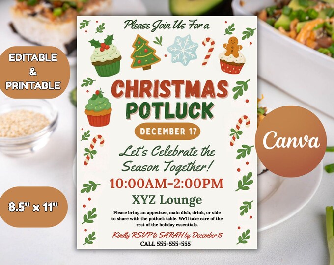Christmas Potluck Flyer Template, Winter Potluck Sign, Office Potluck ...