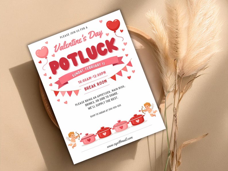 Valentines Potluck Flyer Template, Work Potluck Party, Canva Printable ...