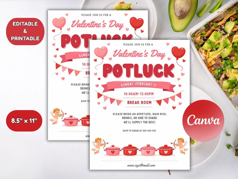 Valentines Potluck Flyer Template, Work Potluck Party, Canva Printable ...
