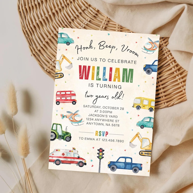 Transportation Birthday Invitation Template, Editable Vehicle Party ...