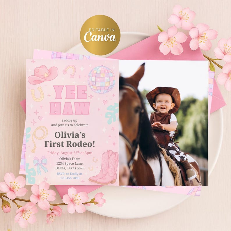 Space Cowgirl Birthday Photo Invitation, Pink Disco Cowgirl Party ...