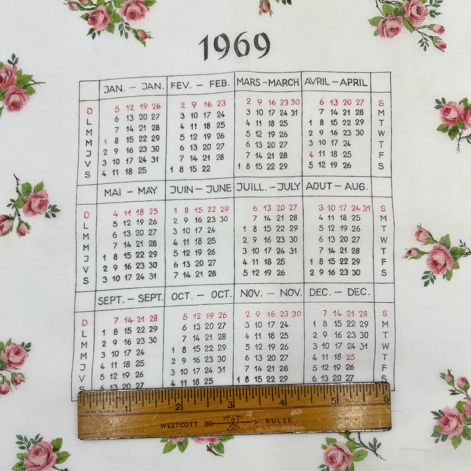 Vintage "1969" Calendar Year Handkerchief With Roses | Made in ...