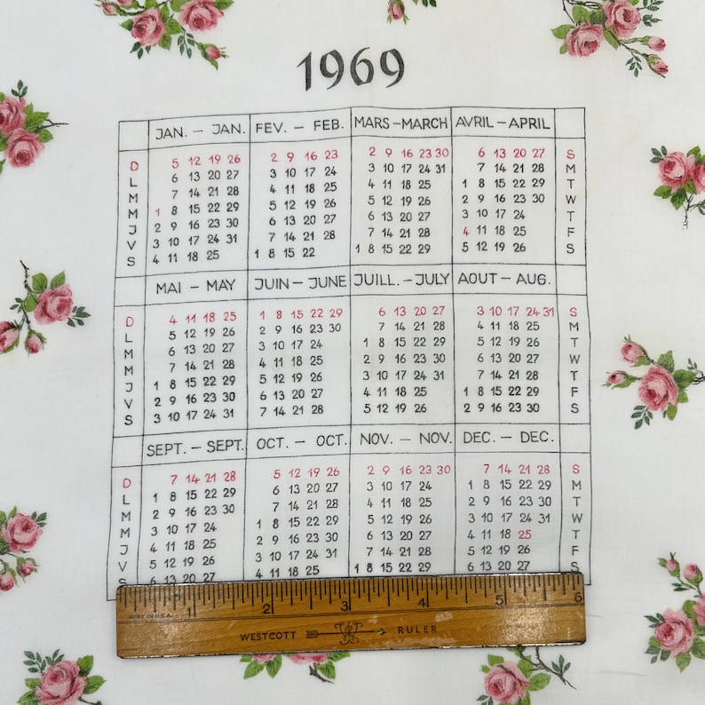 Vintage "1969" Calendar Year Handkerchief With Roses | Made in ...