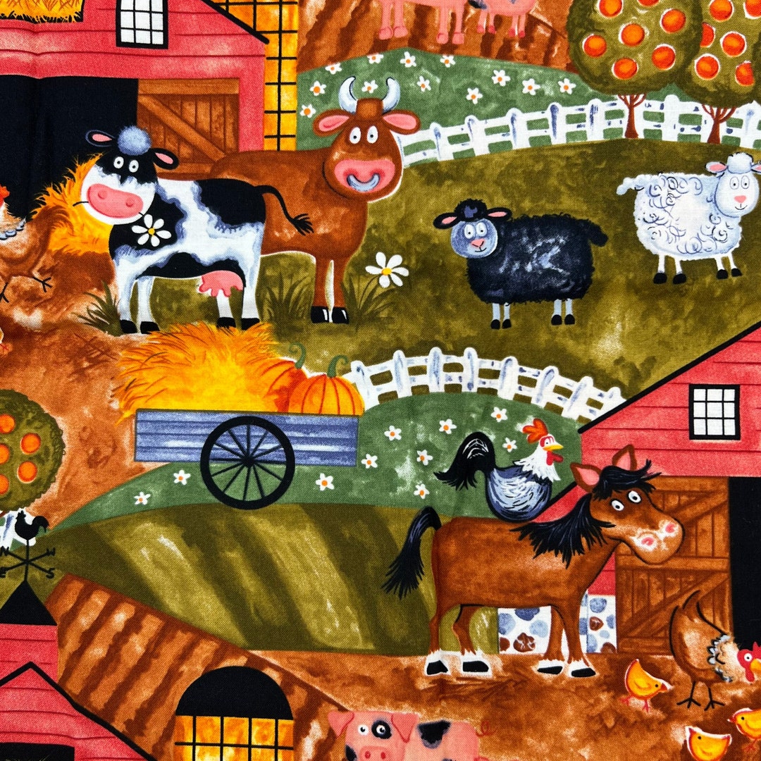 Vintage Barnyard Print Fabric Remnant | Farm Animals Material | 1 1/2 ...