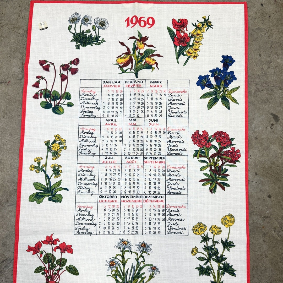 Vintage 1969 French Calendar Tea Towel Flowers With Red Border - Etsy