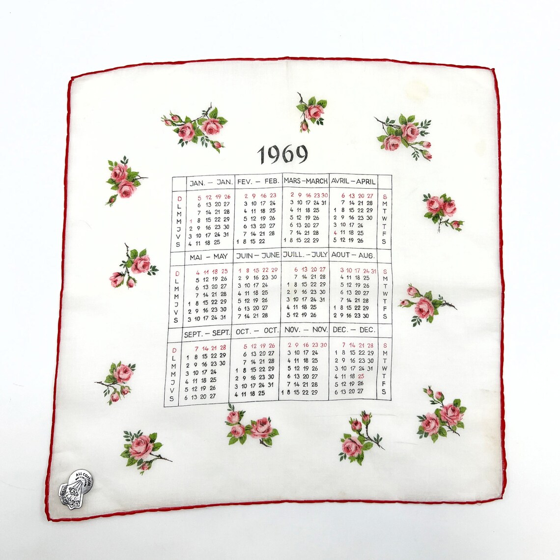 Vintage "1969" Calendar Year Handkerchief With Roses | Made in ...