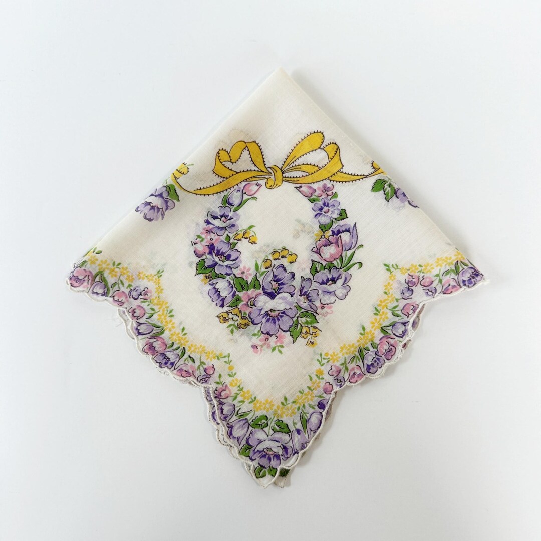 Vintage Floral Handkerchief in Lavender and Yellow With Bows and ...
