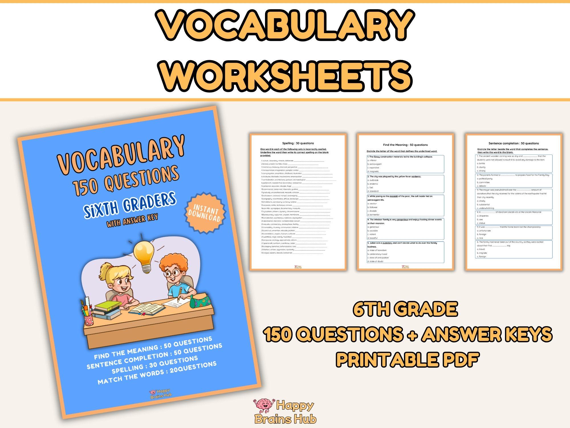 6th Grade Vocabulary Worksheets - 150 Questions - Printable ELA ...