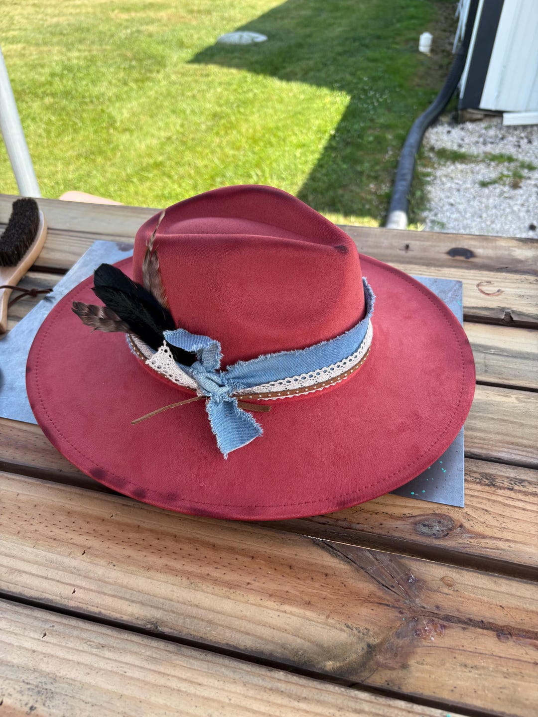 Rust Red Wide-brim Fedora With Feather & Denim Accent - Etsy